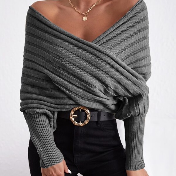 BellanBlue | Sweaters | Grey Off Shoulder Chunky Knit Overlap Sweater ...
